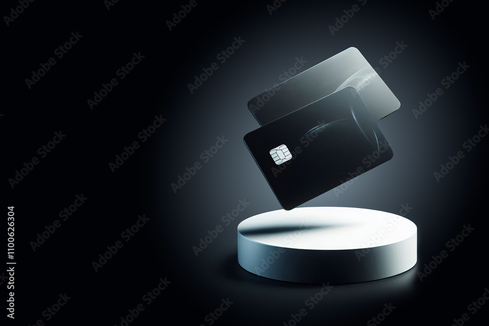 two credit cards, floating above a circular platform. different designs ...