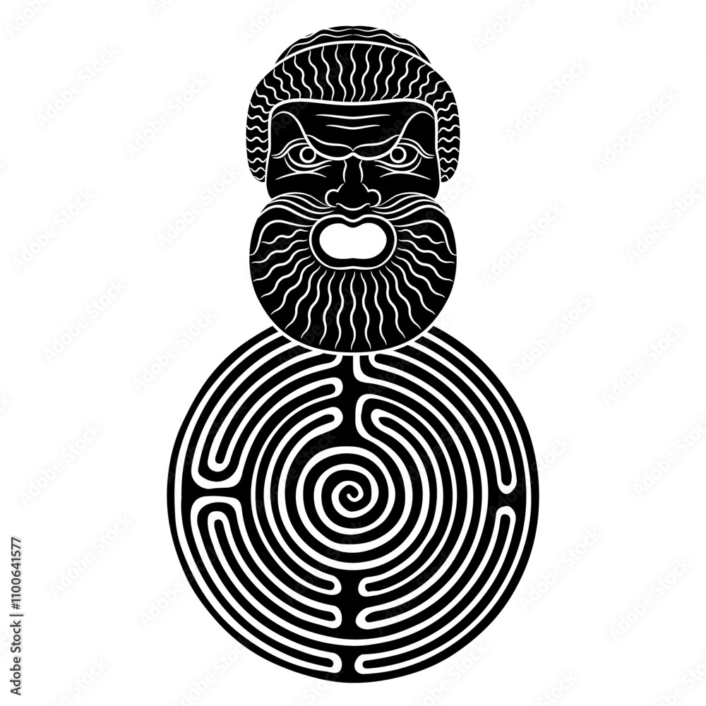 Antique theater mask of a bearded man with open mouth and a round ...