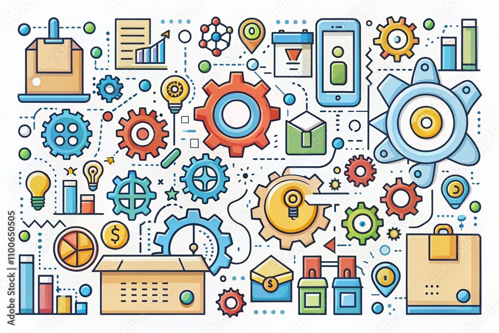 Dynamic Collection of Line Art Illustrations Featuring Cogs, Checklists ...