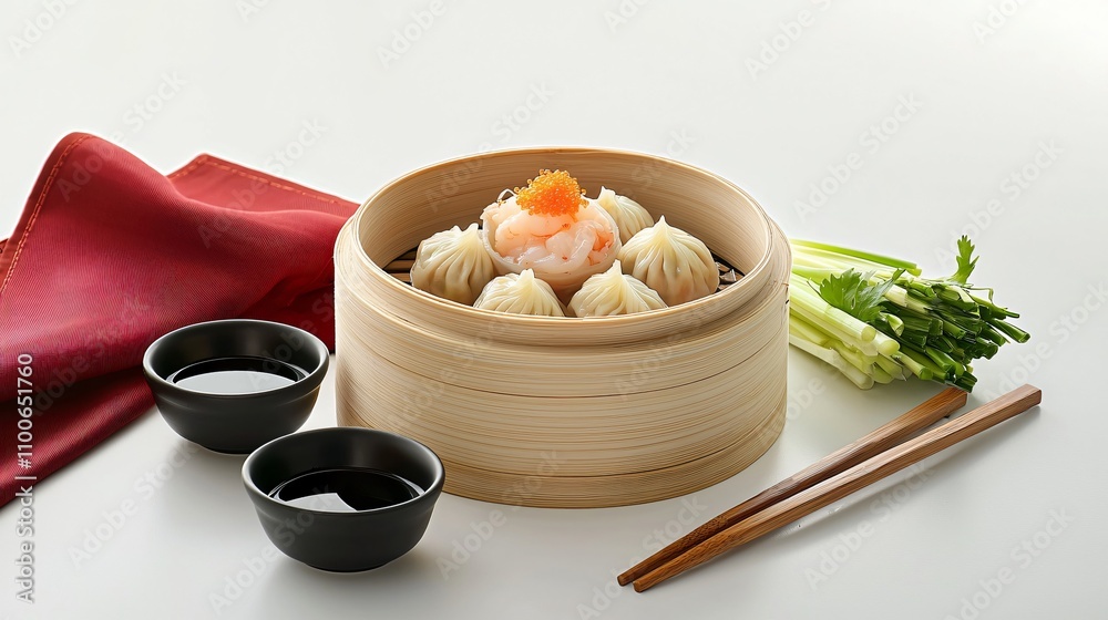 Elegant dim sum presentation with colorful fillings, soy and vinegar ...