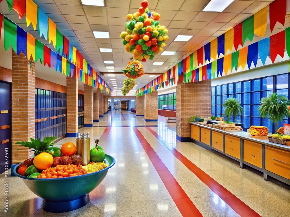 Food Photography in a High School Lobby Corridor with Colorful Displays ...