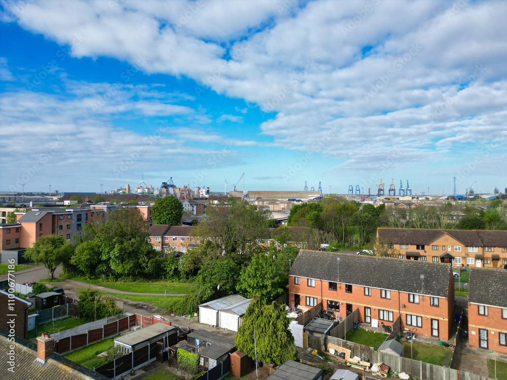 High Angle View of Tilbury City Centre and Docks on River Thames ...