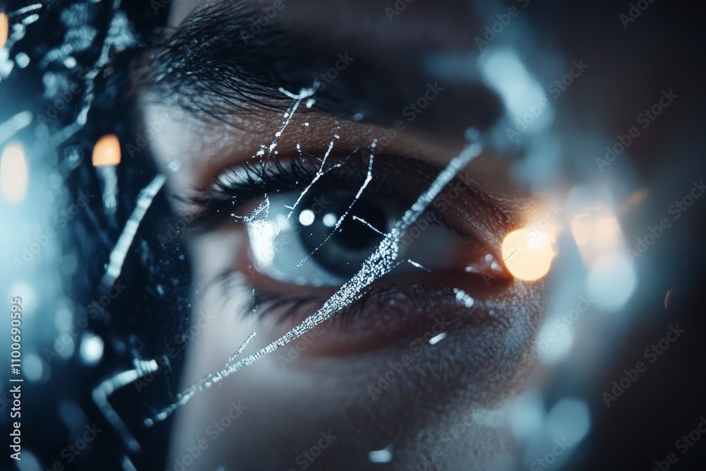 An extreme close-up of an eye gazing through a shattered glass effect ...