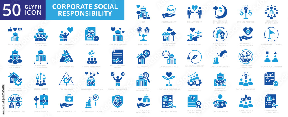 Corporate social responsibility icon set with innovation, investment ...