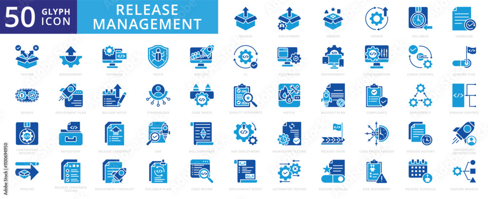 Release management icon set with architecture, flag, environment ...
