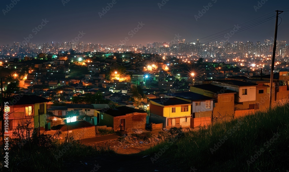 Night view of urban settlement with city skyline, vibrant lights ...