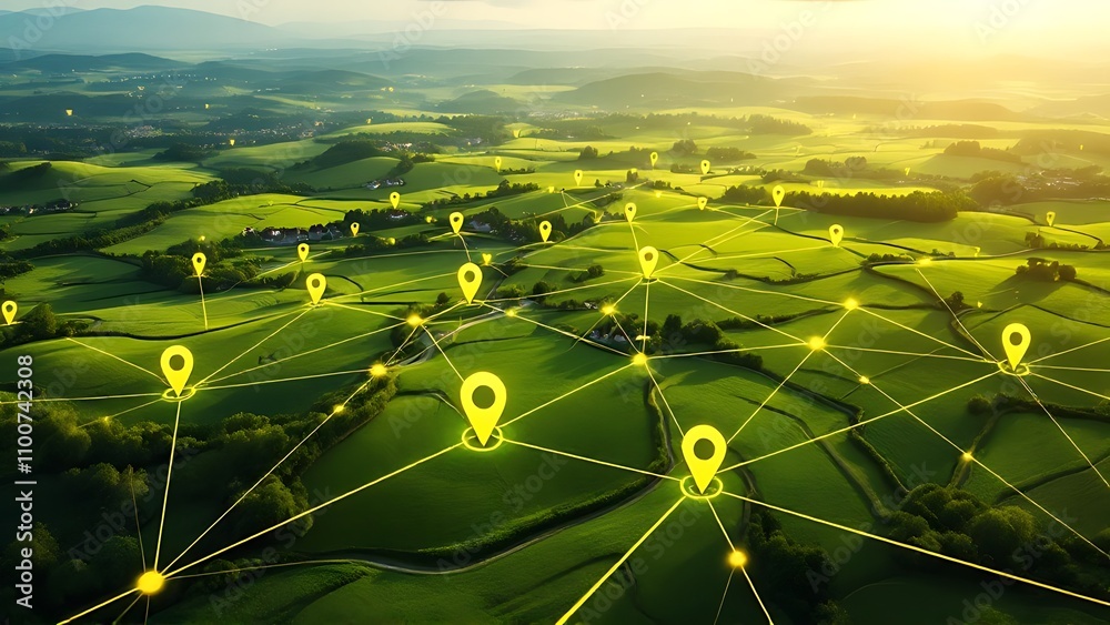 Aerial view of land with network markers representing land development ...