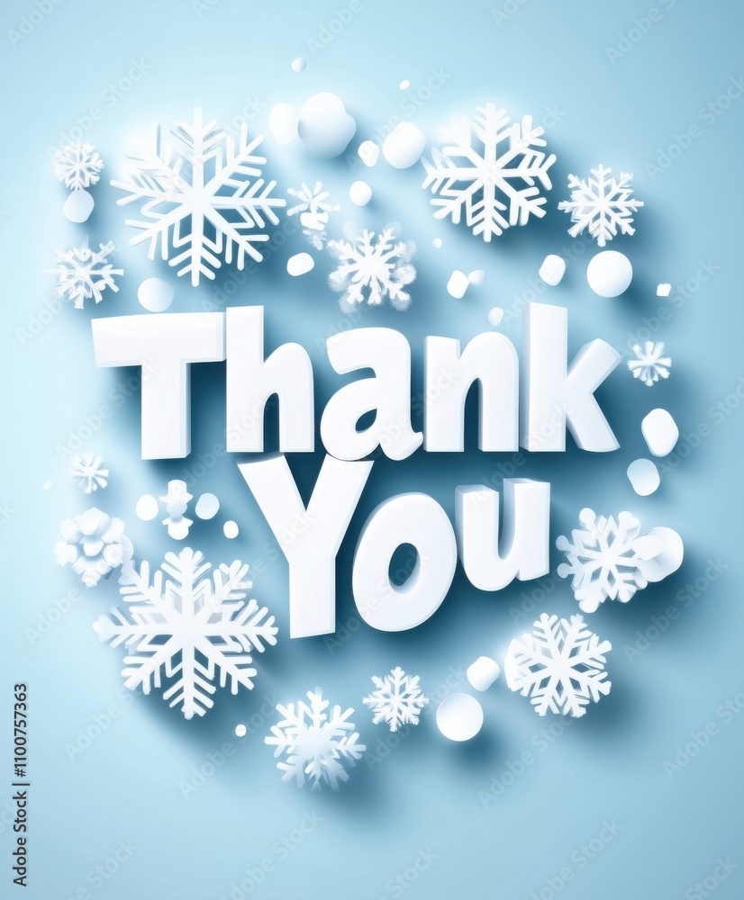 3D render of the phrase 'Thank You' with snowflakes and bubbles on a ...