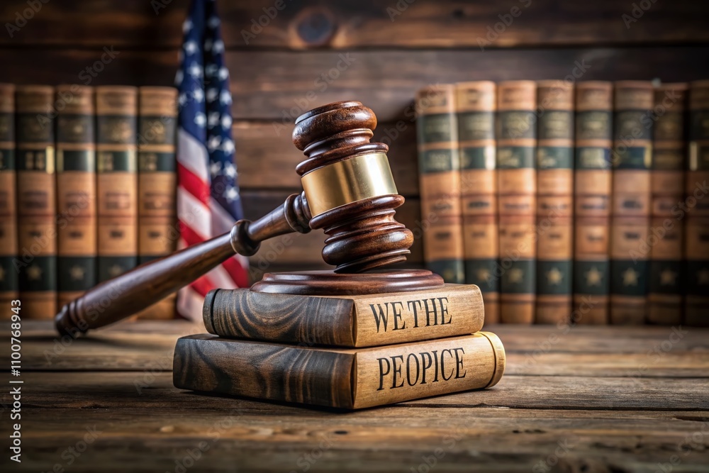 Still Life with Judge Gavel and Old Law Books Featuring 'We the People ...