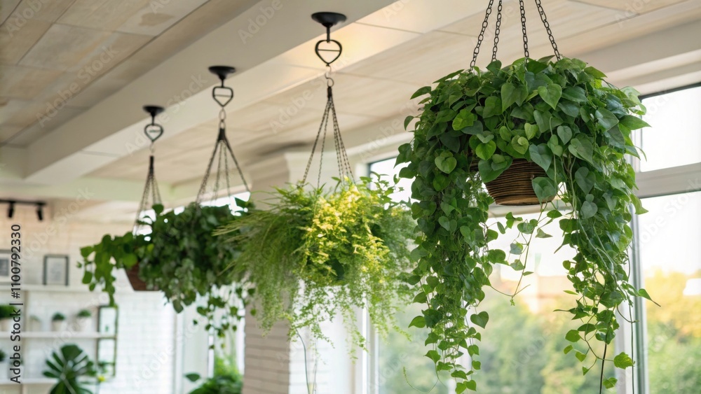 Lush hanging foliage cascades elegantly from ceiling hooks adding a ...
