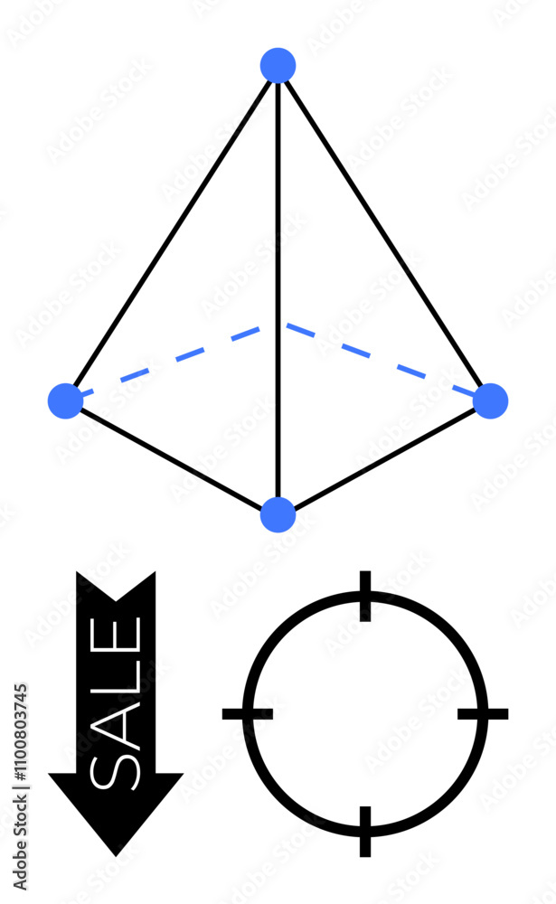 Geometric pyramid with blue dots and dotted line, downward black arrow ...
