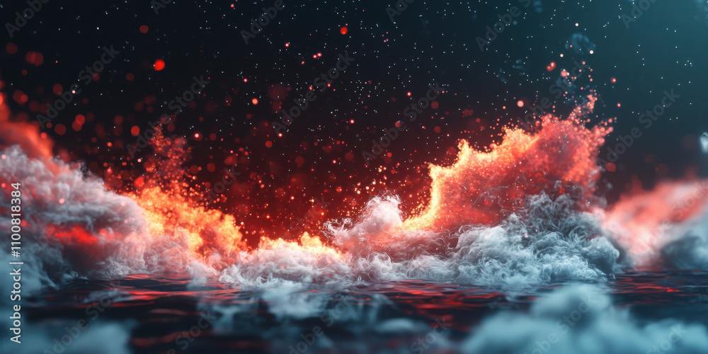 Ethereal ruby red bokeh flares in black depths glowing particles ...