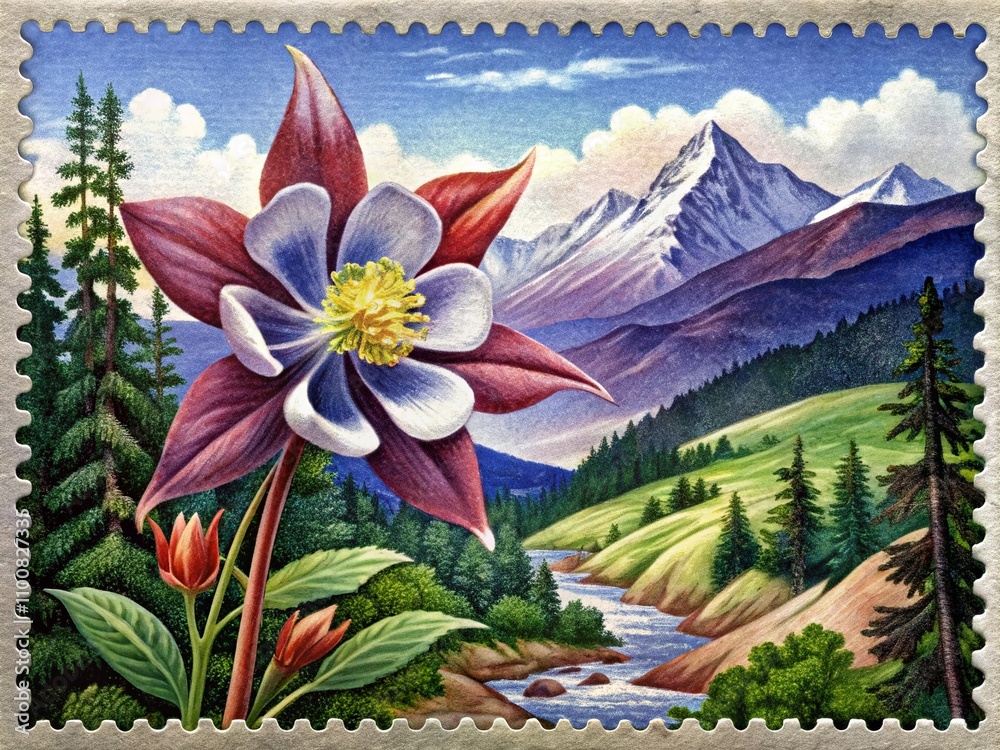 Vintage Postage Stamp from 1977 Featuring Columbine Flower and Majestic ...