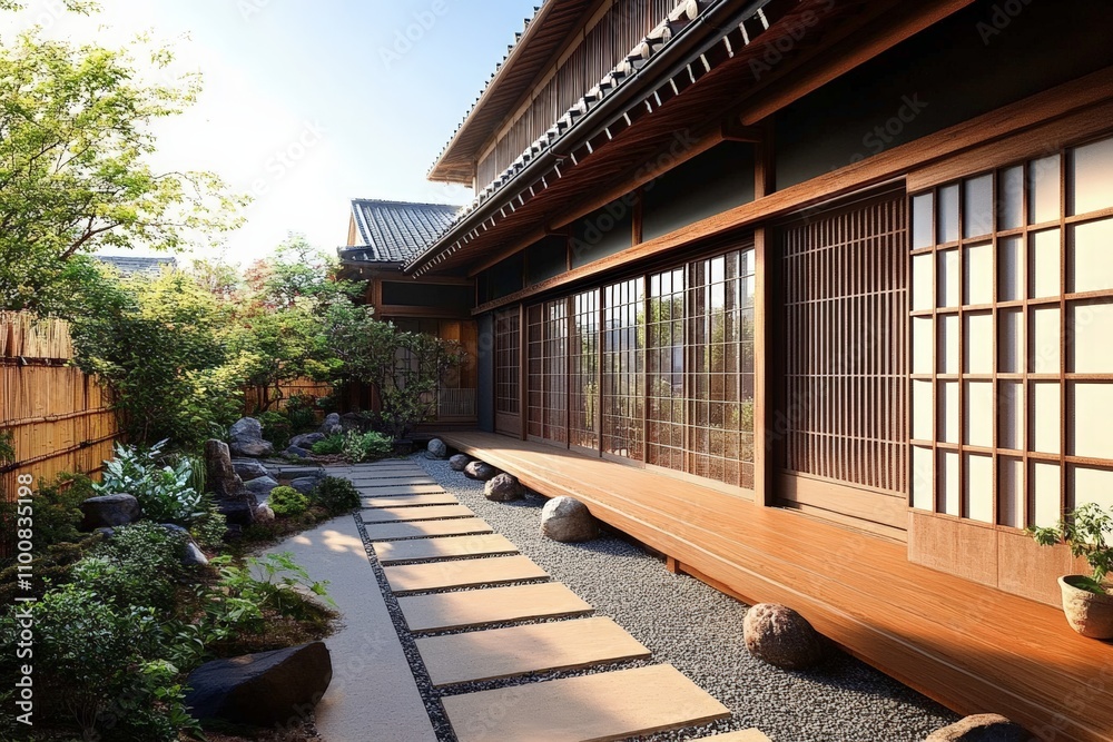Traditional Japanese House in Serene Garden with Wooden Beams Shoji ...