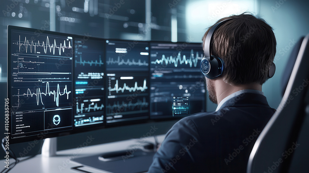 person monitoring heart rhythms on multiple screens in modern office ...