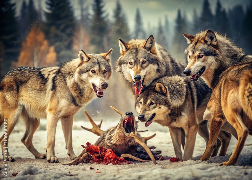 Vintage Style Photography of Timber Wolves Fighting Over a Deer Carcass ...