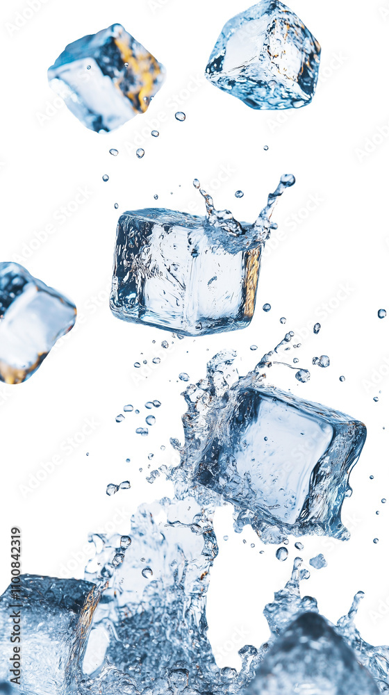 flying ice cubes with water splash, isolated on white or transparent ...