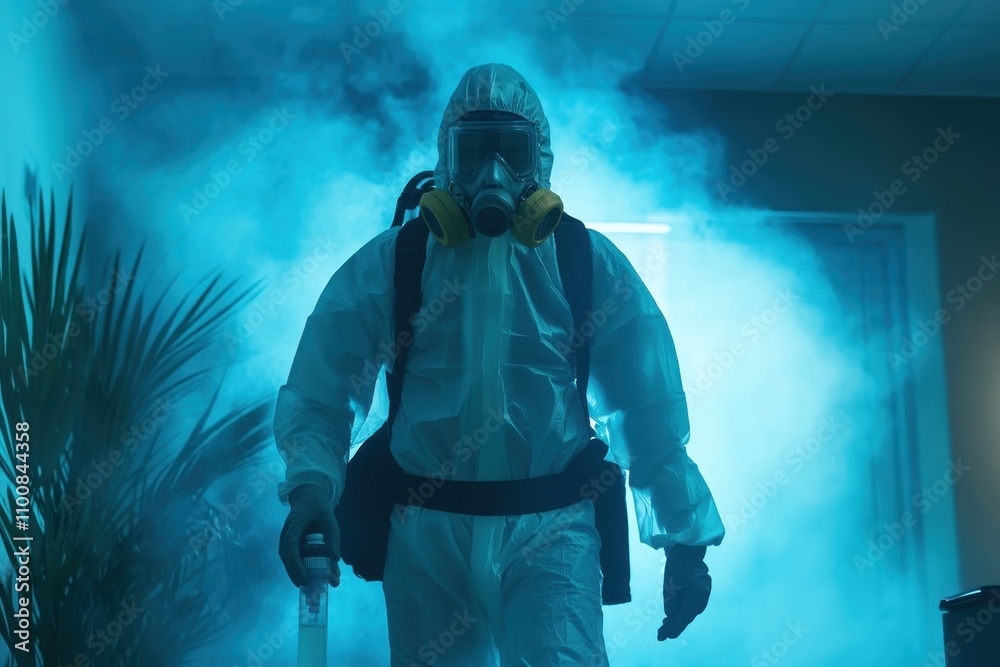 Person in hazmat suit and respirator walks through smoky room, holding ...