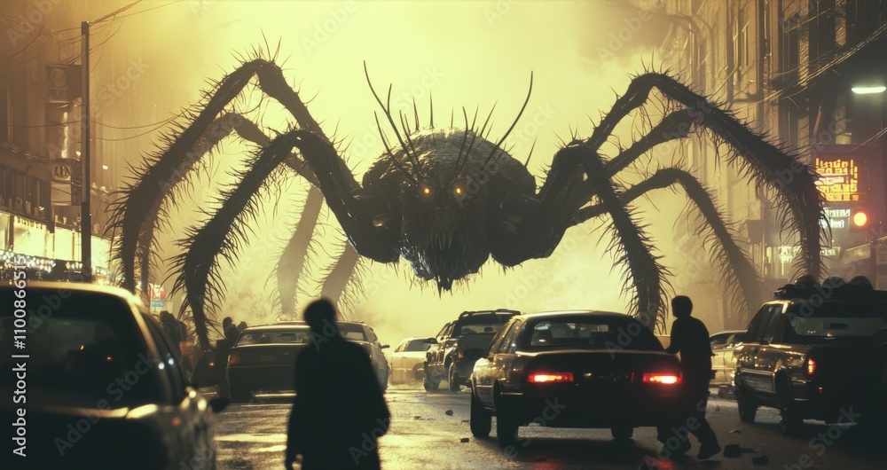 Giant insectlike creature terrorizes city streets urban environment ...