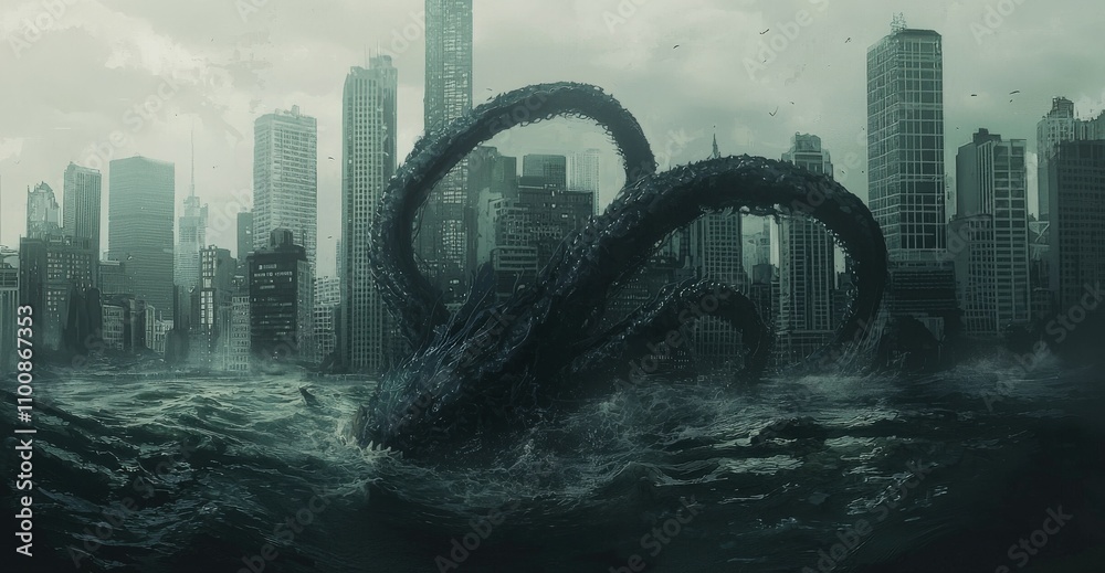 A terrifying sea monster emerges from the ocean urban cityscape digital ...