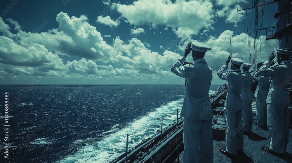 Japanese navy sailors saluting at sea battleship deck military action ...