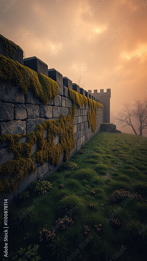 ruined stone wall with overgrown vegetation on the lawn of a medieval ...