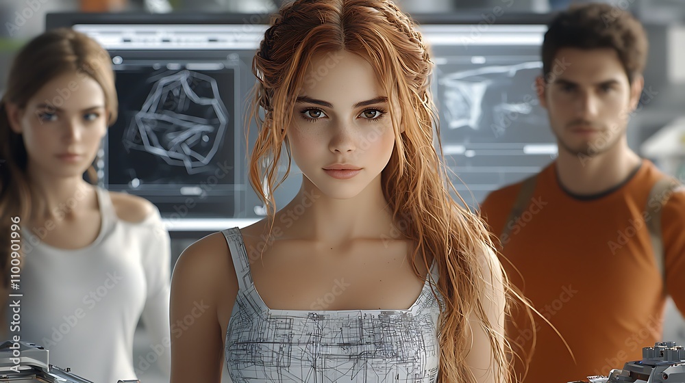 Engineers collaborating in a high-tech lab with holographic blueprints ...