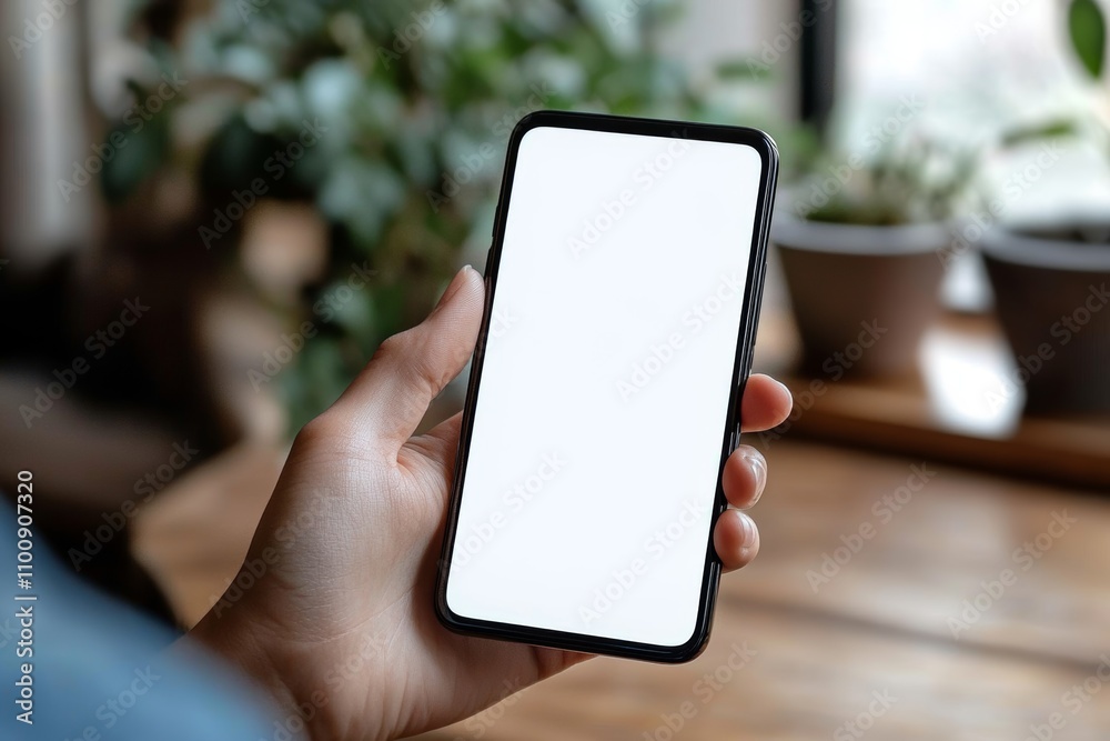 Mockup of hand holding smartphone with blank screen for mobile app ...