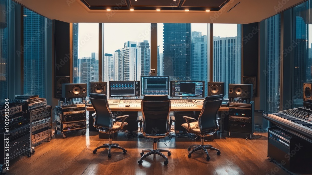 Stylish recording studio with five chairs placed around a central table ...
