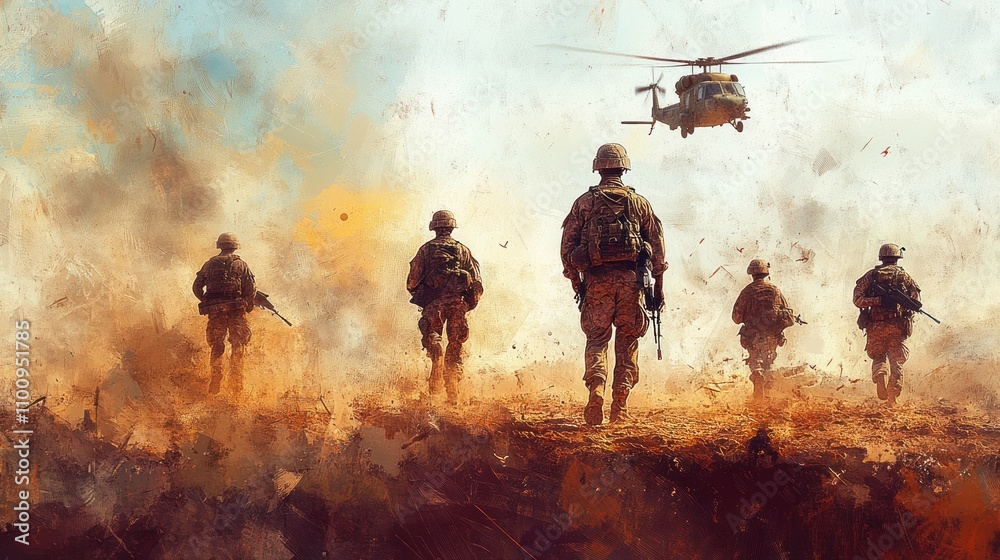 Soldiers in combat poses overlaid with desert landscape and flying ...