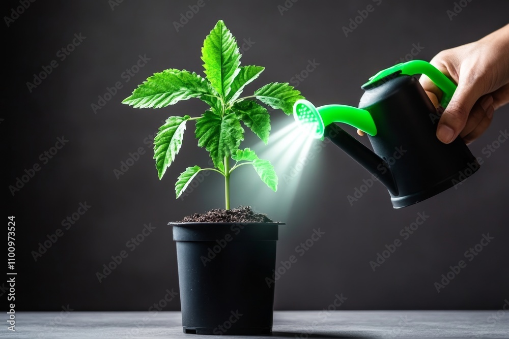 Futuristic visualization of a brain sprouting a plant, held by glowing ...