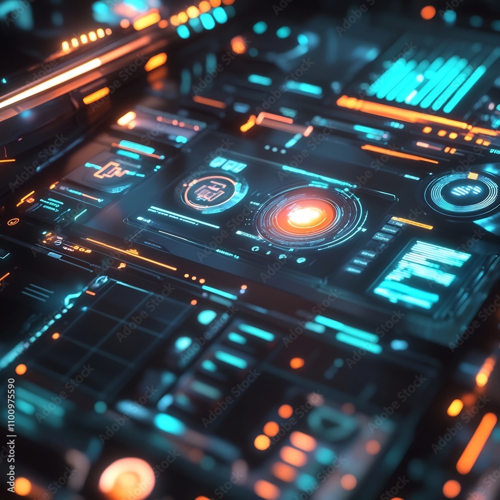 Sleek and modern 3D dashboard interface displaying social media metrics data visualizations and ...