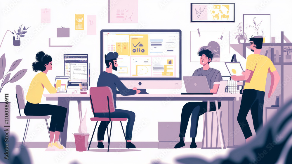 Designers collaborate on a computer. They're a creative team using a ...