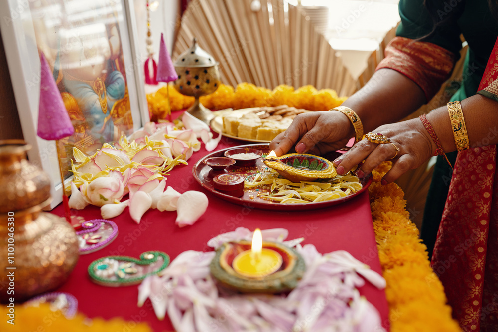 Participating in traditional Hindu prayer ceremony with vibrant ...