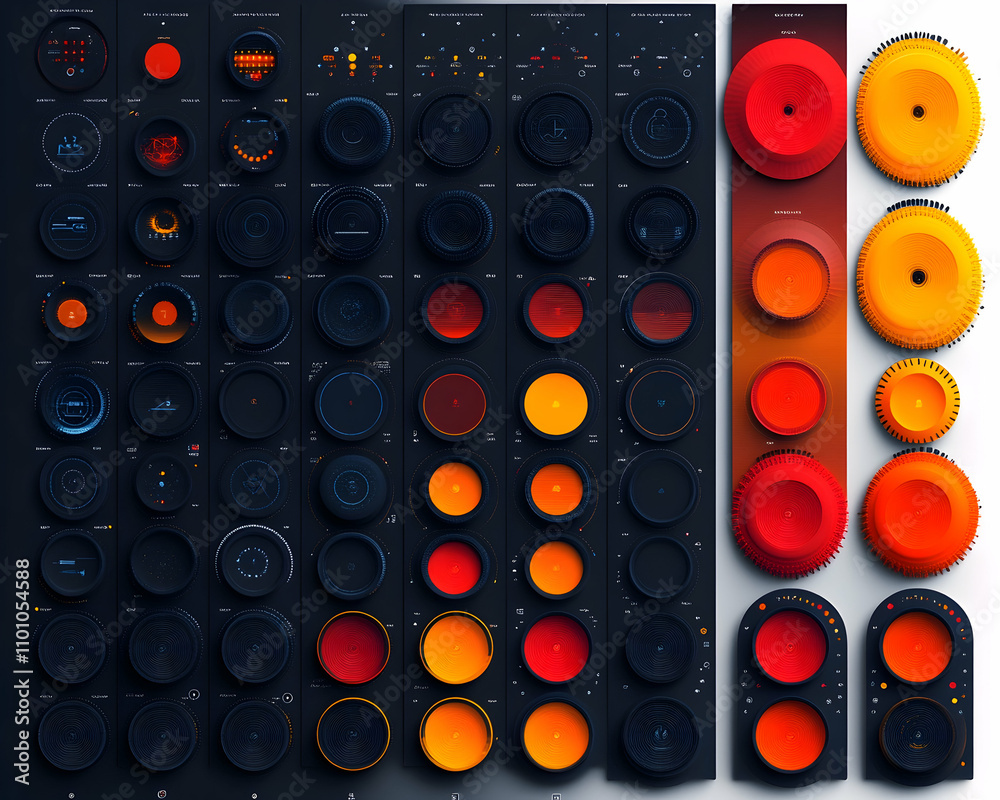Futuristic digital dashboard displays with circular buttons and ...
