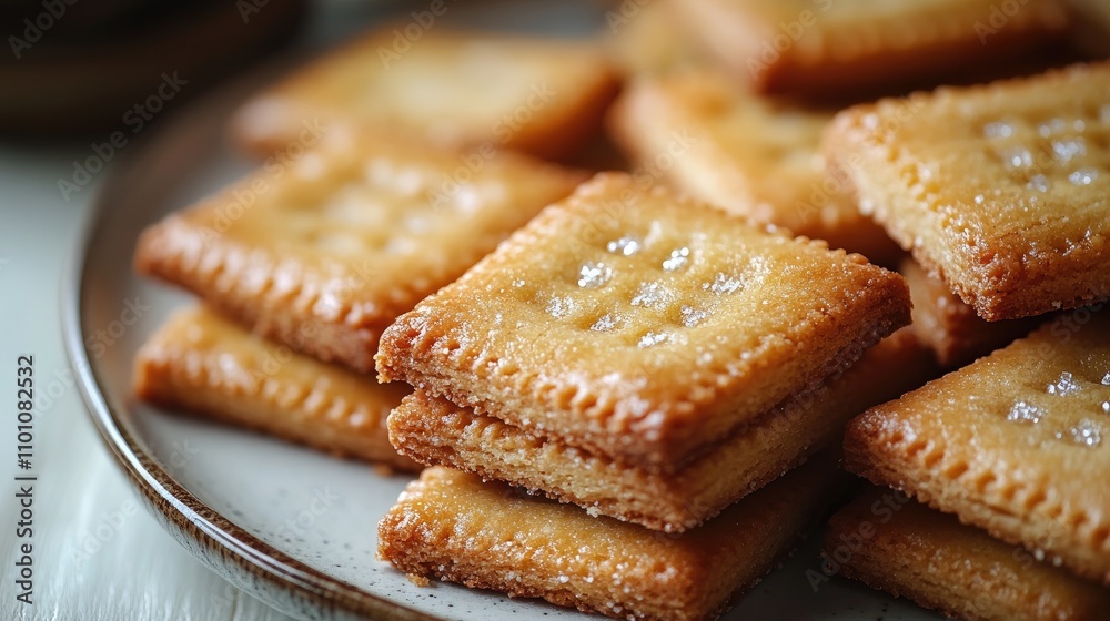 Homemade square cookies stacked on a plate with a light rustic ...