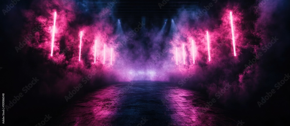 Neon illuminated laser tag arena with vibrant fluorescent colors and ...