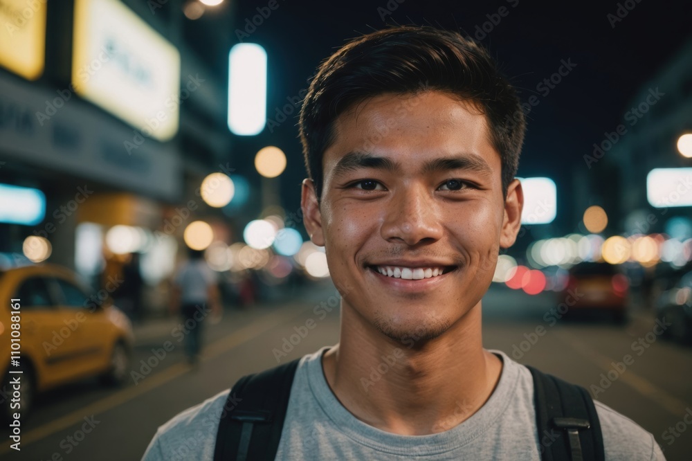 Close portrait of a smiling young Filipino man looking at the camera ...