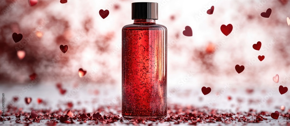 Romantic love potion bottle filled with red liquid and heart confetti ...