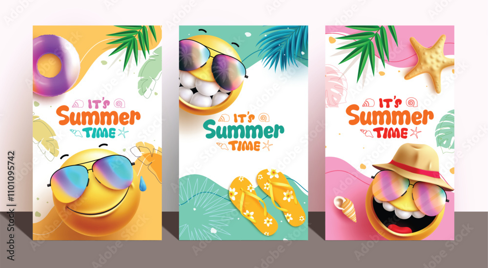 It's summer time greeting emoji clipart poster set. Summer text with emoji characters in cool ...