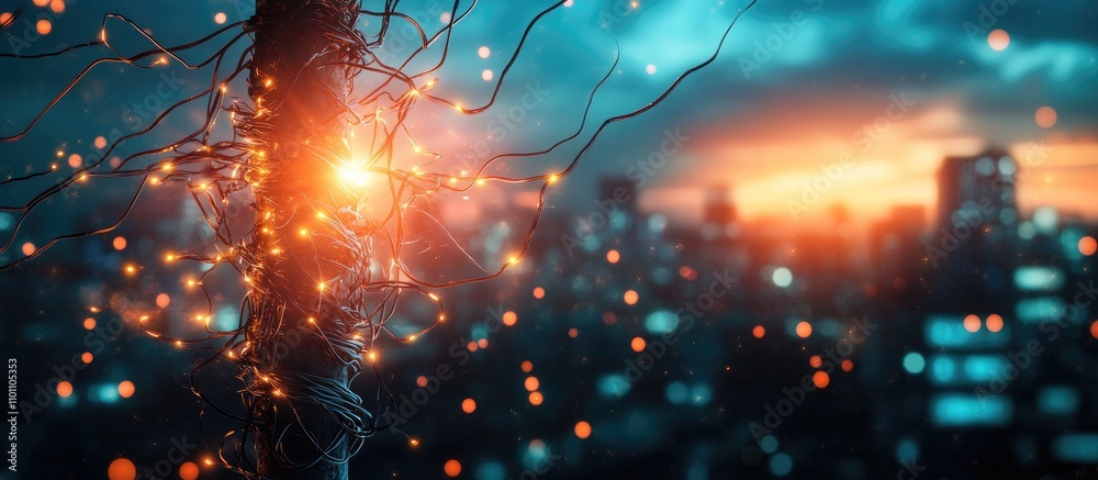 Electrical pole with tangled cables at sunset illustrating urban ...