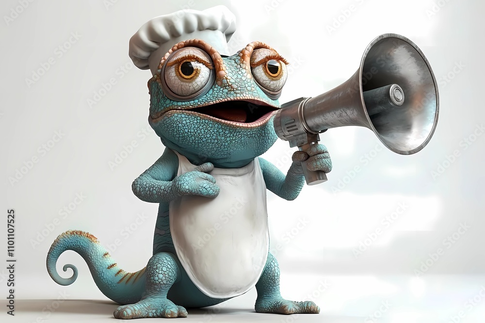 chameleon character concept chef hold megaphone 3D clipart illustration ...