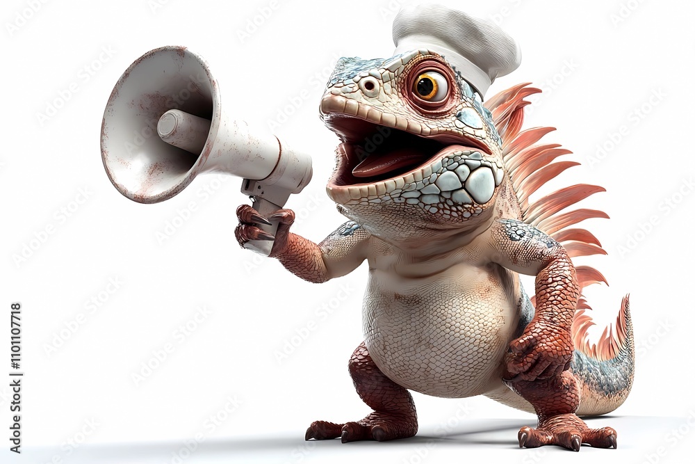 A cute Iguana character concept chef hold megaphone 3D clipart ...