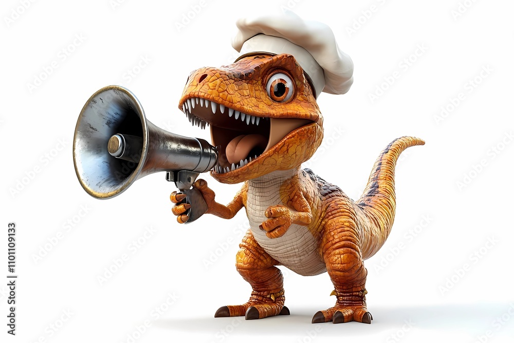 T-rex character concept chef hold megaphone 3D clipart illustration, with isolated white ...