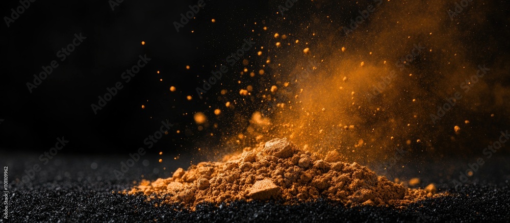 Dust particles scattering in the air from a heap of soil representing ...