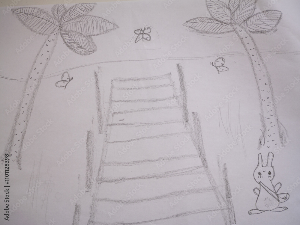 Cartoon rabbit with a satchel walking towards stairs leading to a ...