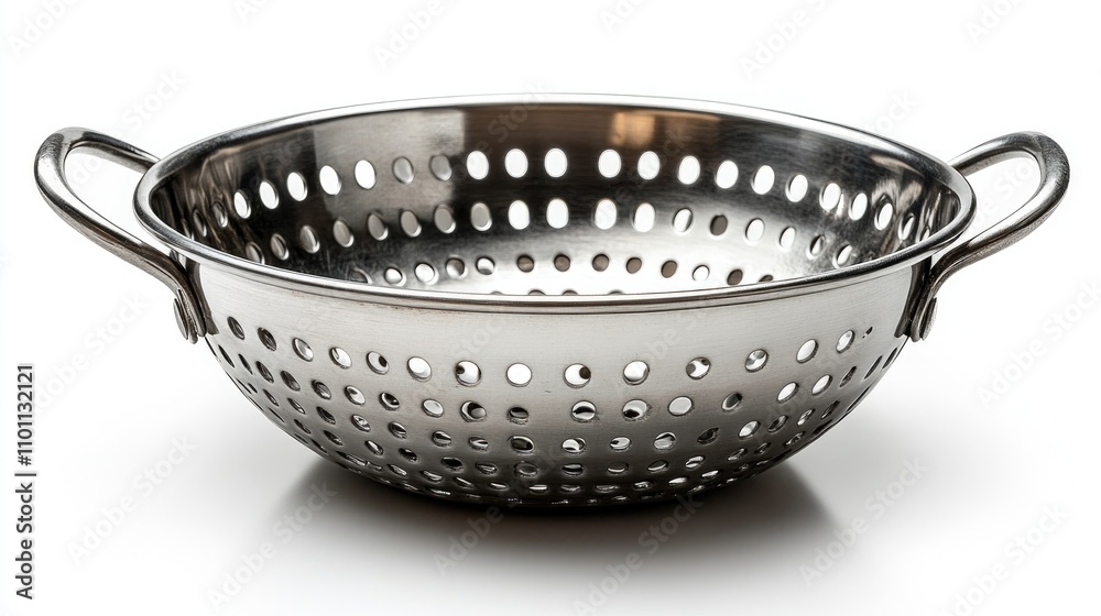 Stainless steel kitchen sieve with handles isolated on white background ...