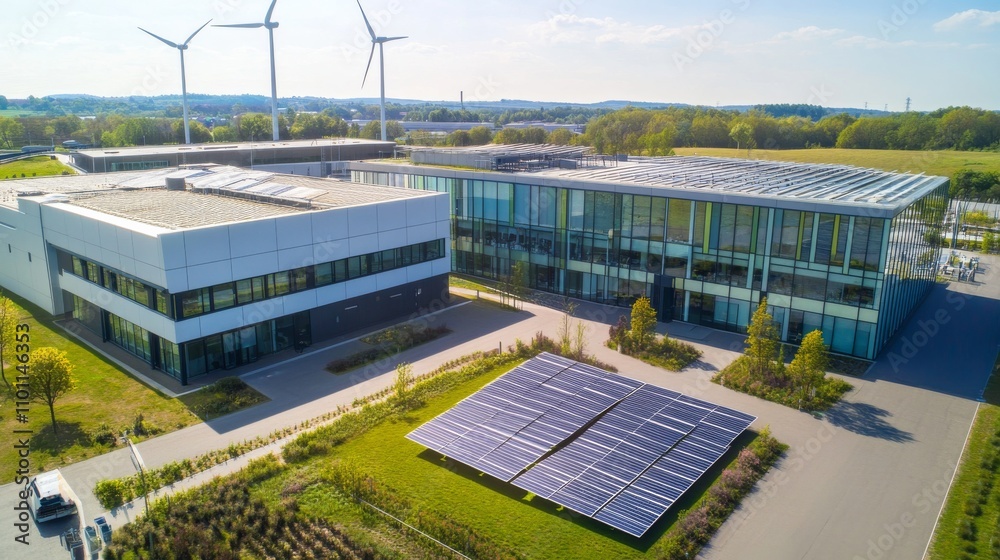 An innovative renewable energy research facility with solar panels and ...