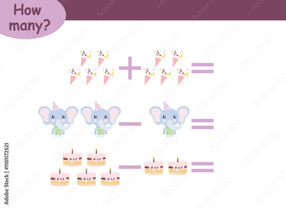 examples of addition and subtraction with cute animals. educational ...