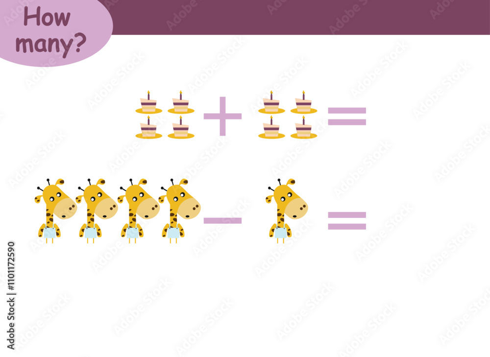 examples of addition and subtraction with cute animals. educational ...